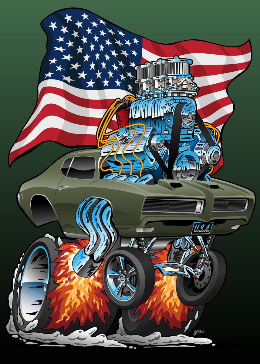 'Classic Muscle Car Cartoon' Poster, picture, metal print, paint by ...