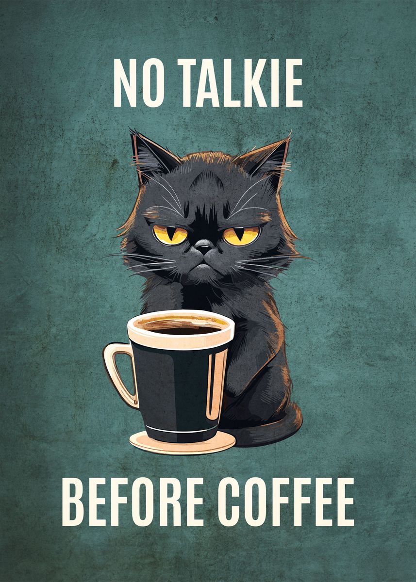 'Grumpy Black Cat Coffee' Poster, picture, metal print, paint by Jovana ...
