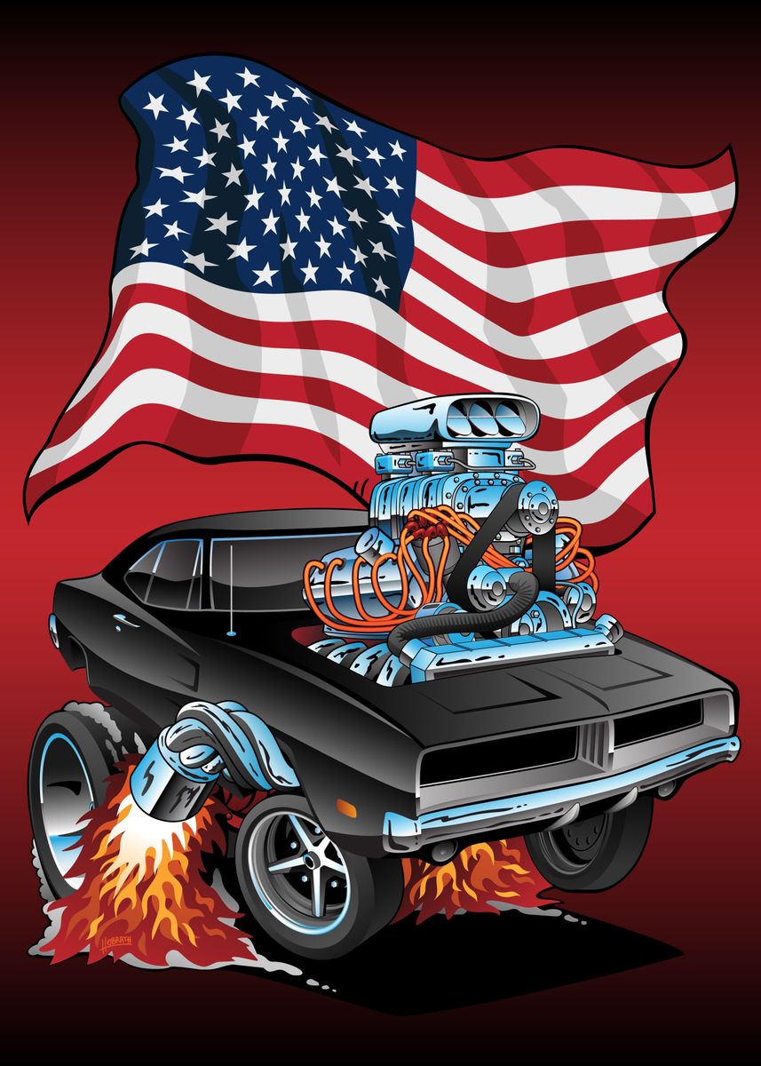 'Classic Muscle Car Cartoon' Poster, picture, metal print, paint by ...