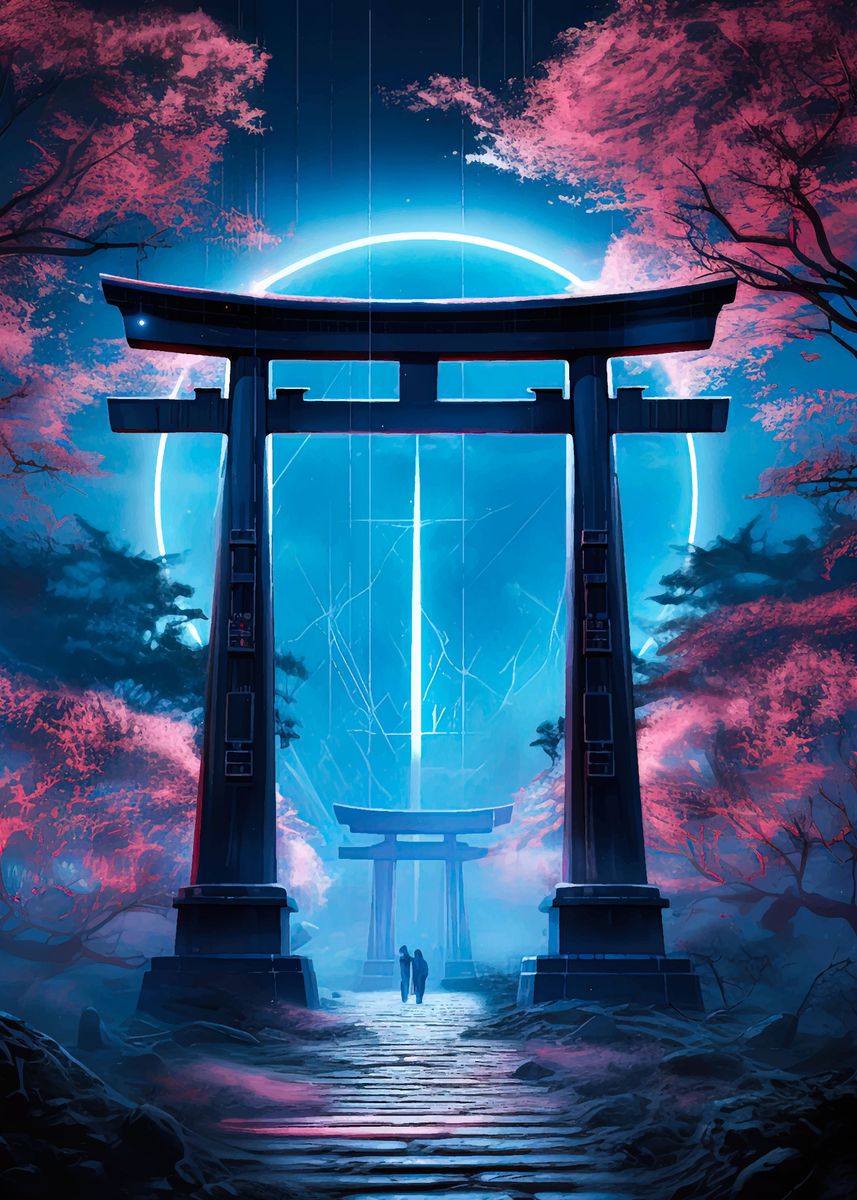 'gate japan moon night' Poster, picture, metal print, paint by Peter Li ...