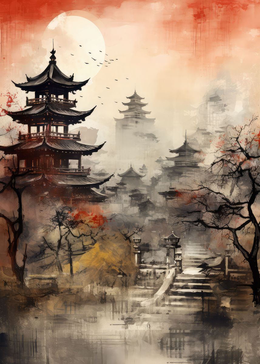 'Vintage Asian Landscape' Poster, picture, metal print, paint by ...
