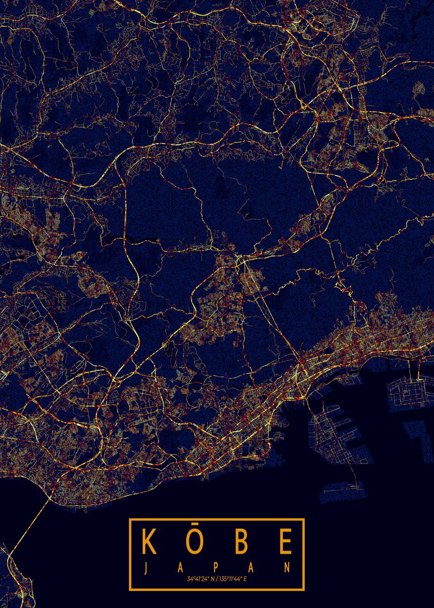 'Kobe Map City At Night' Poster, picture, metal print, paint by deMAP ...