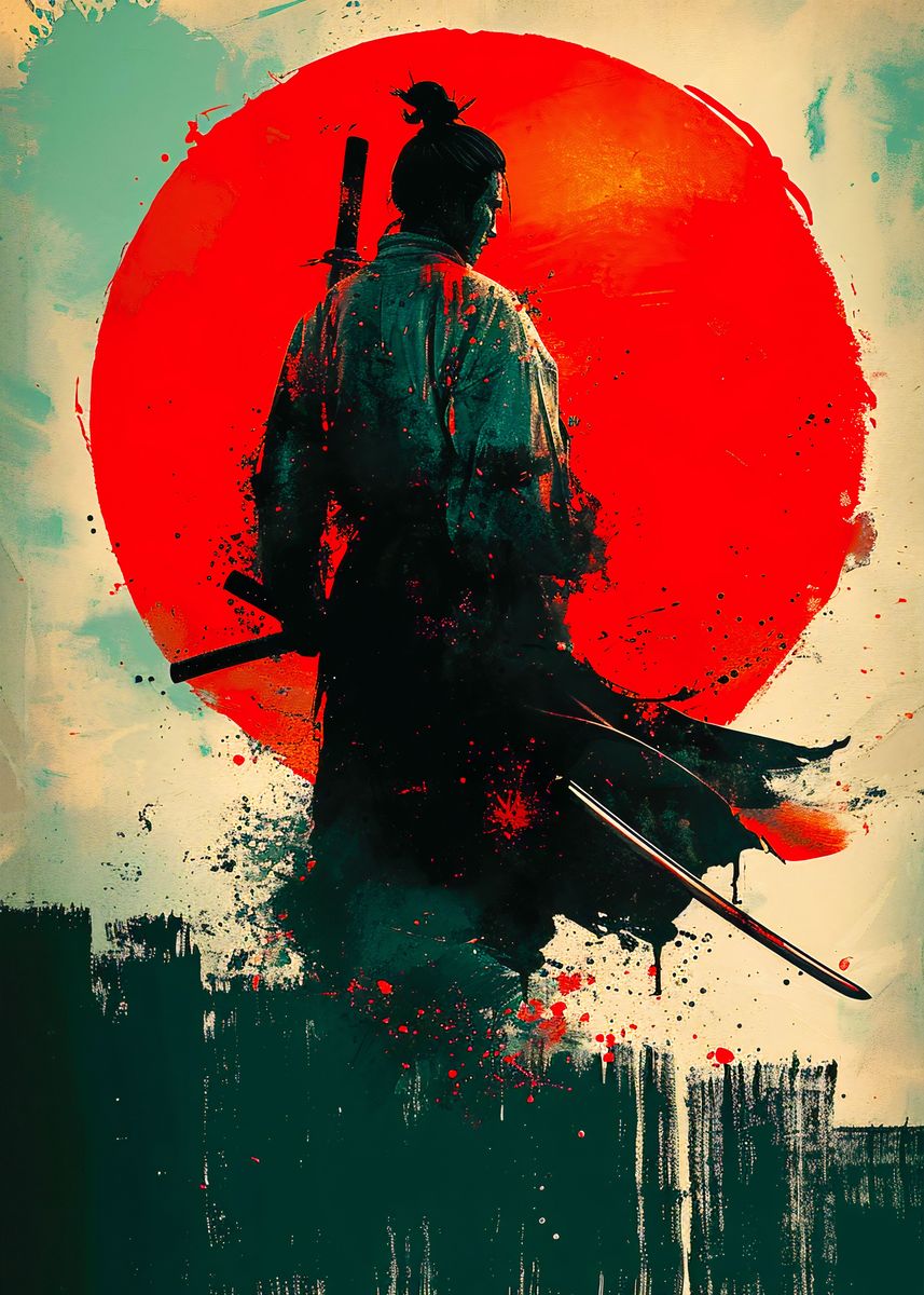 'Red Moon Samurai' Poster, picture, metal print, paint by Pozter | Displate