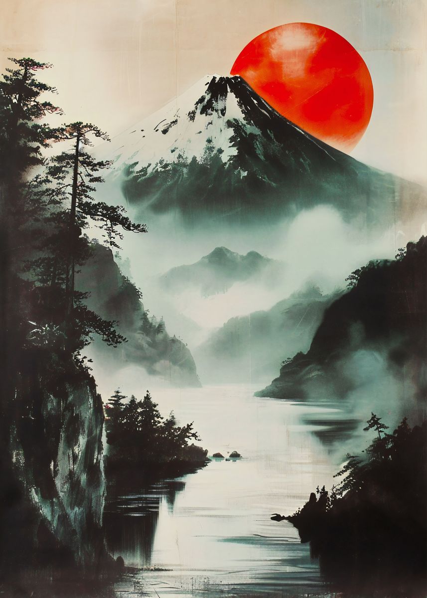 'Red Moon Mountain' Poster, picture, metal print, paint by Pozter ...