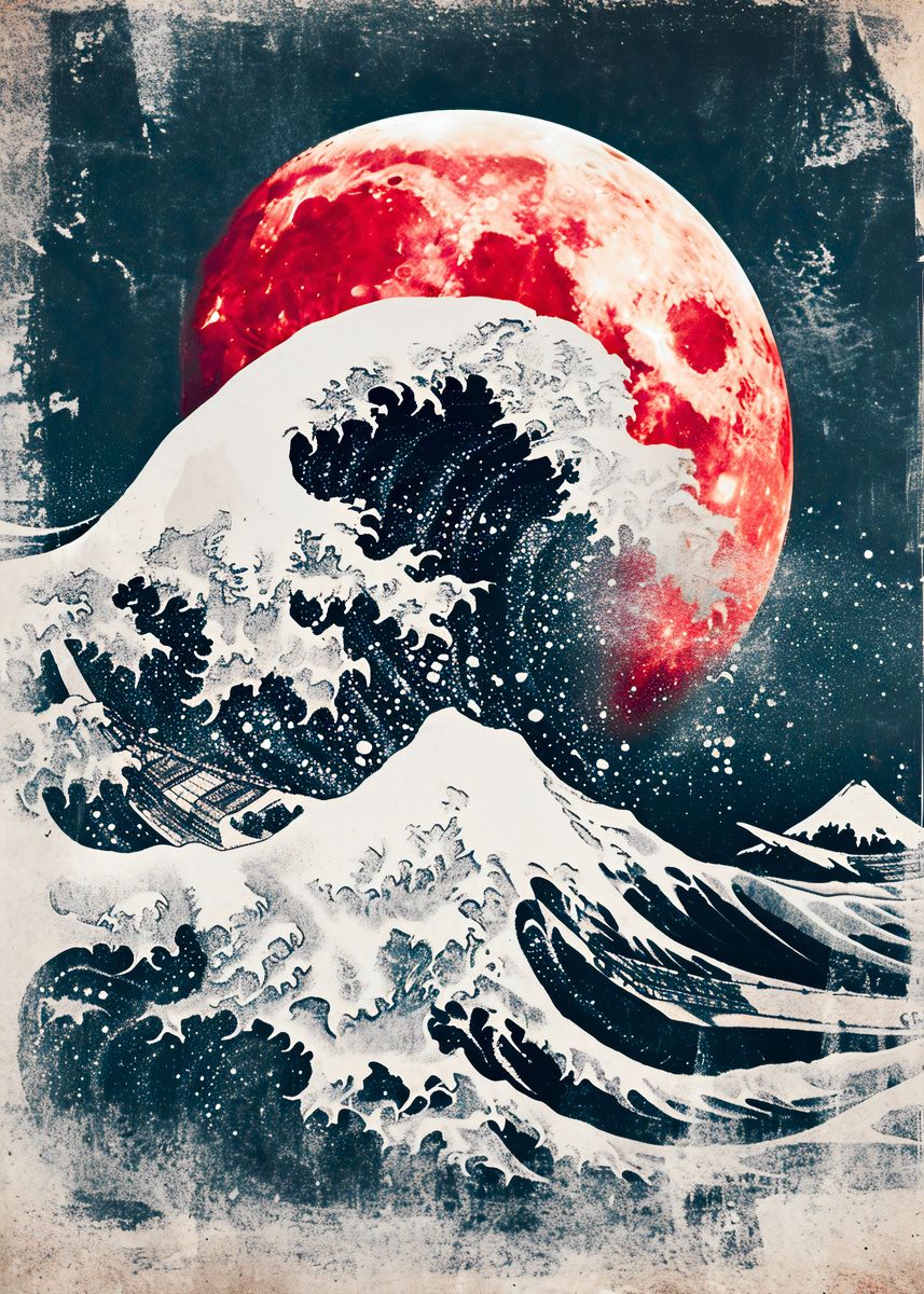 'Great Wave on Red Moon' Poster, picture, metal print, paint by Pozter ...