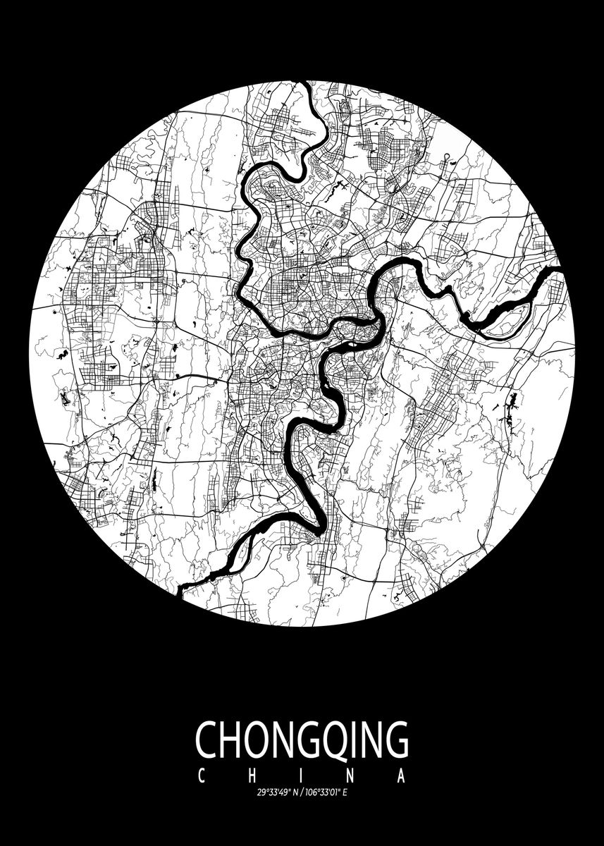 'Chongqing Map Full Moon' Poster, picture, metal print, paint by deMAP Studio | Displate