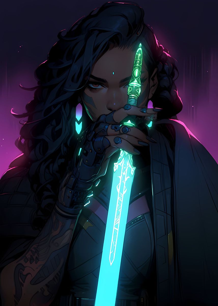 'Woman Hunter n Neon Dagger' Poster, picture, metal print, paint by ...