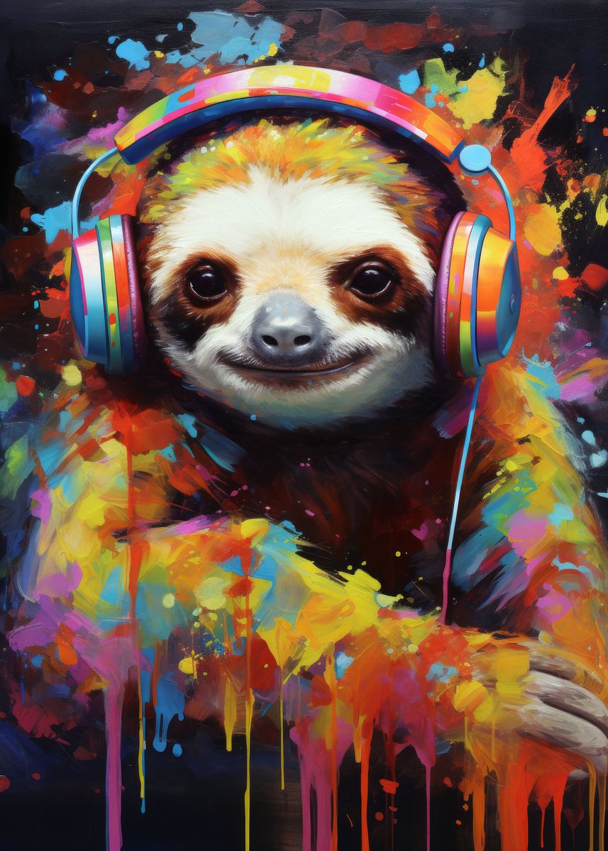 'Sloth With Headphones' Poster, picture, metal print, paint by AnHa ...