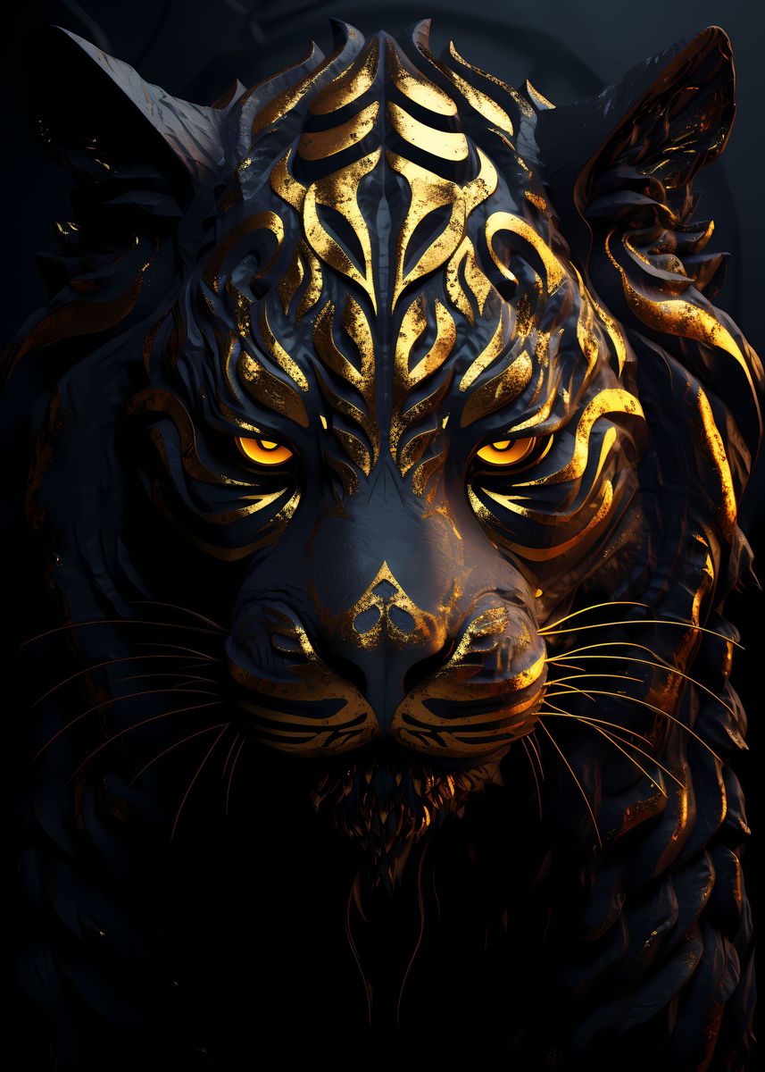 'Gold Black Tiger Head Wild' Poster, picture, metal print, paint by ...