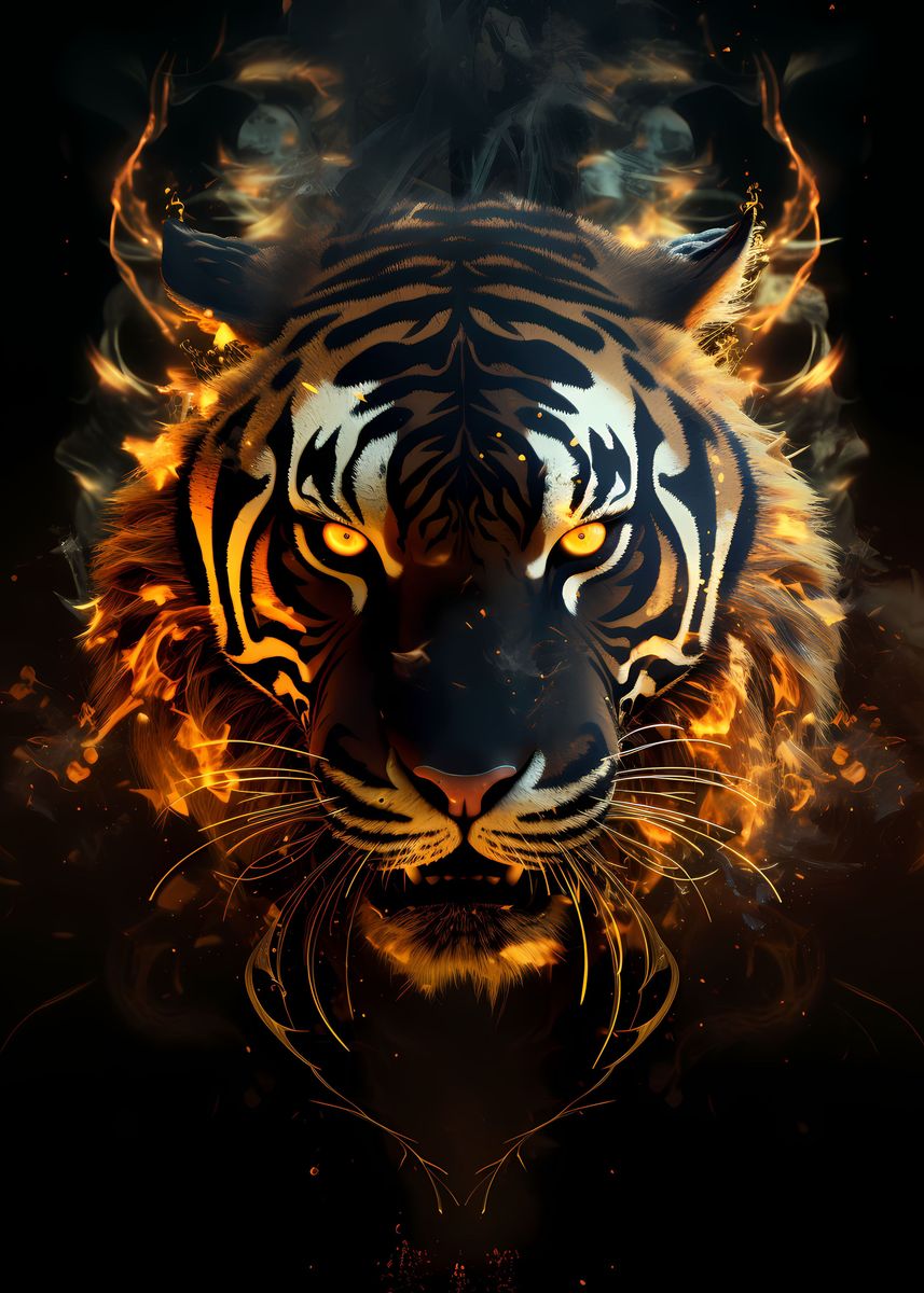 'Wild fire Tiger Head gold' Poster, picture, metal print, paint by ...