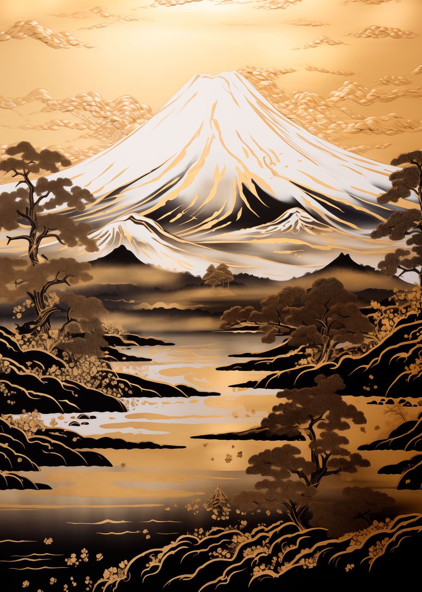 'Mount Fuji Gold' Poster, picture, metal print, paint by Bloomoon ...