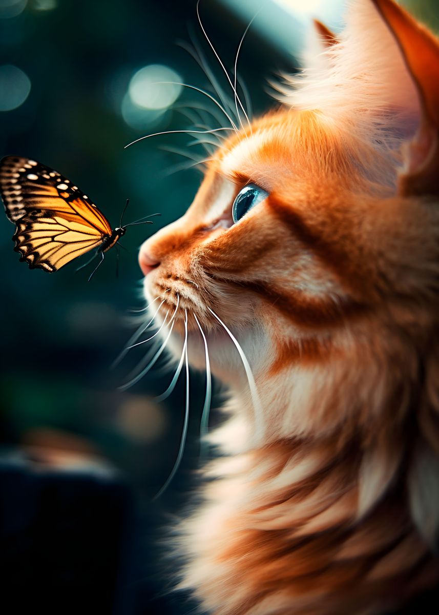 'Cat with butterfly' Poster, picture, metal print, paint by EB Art ...