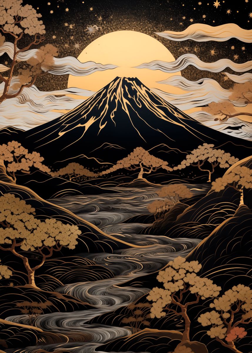 'Golden Mount Fuji ' Poster, picture, metal print, paint by Bloomoon ...