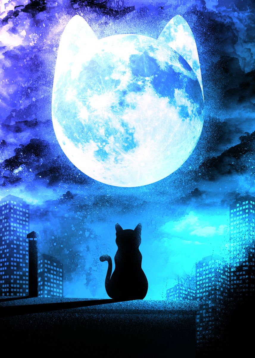 'Moonlight Cat' Poster, picture, metal print, paint by Donnie | Displate