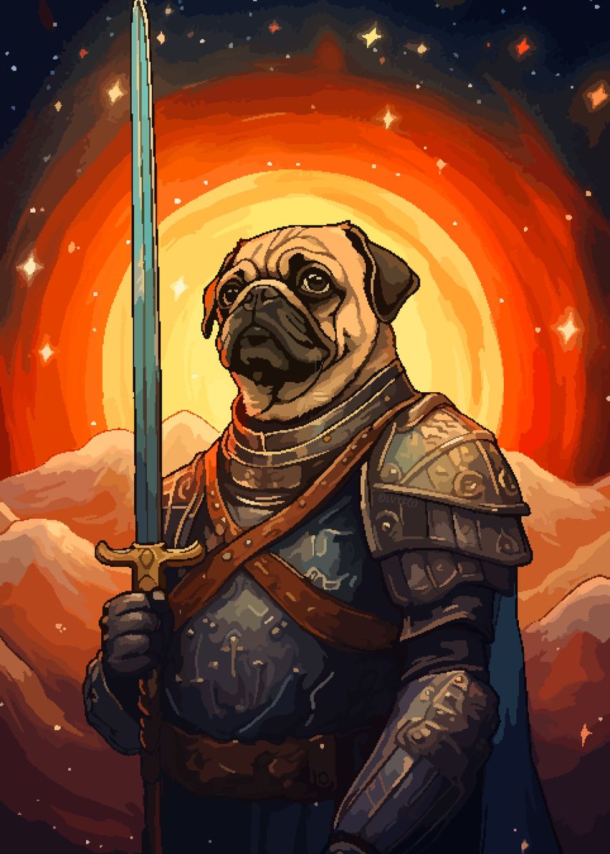 'Retro Pug Knight Pixel Art' Poster, picture, metal print, paint by ...
