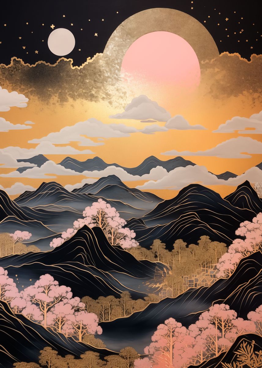 'Mountains and Pink Sun' Poster, picture, metal print, paint by ...