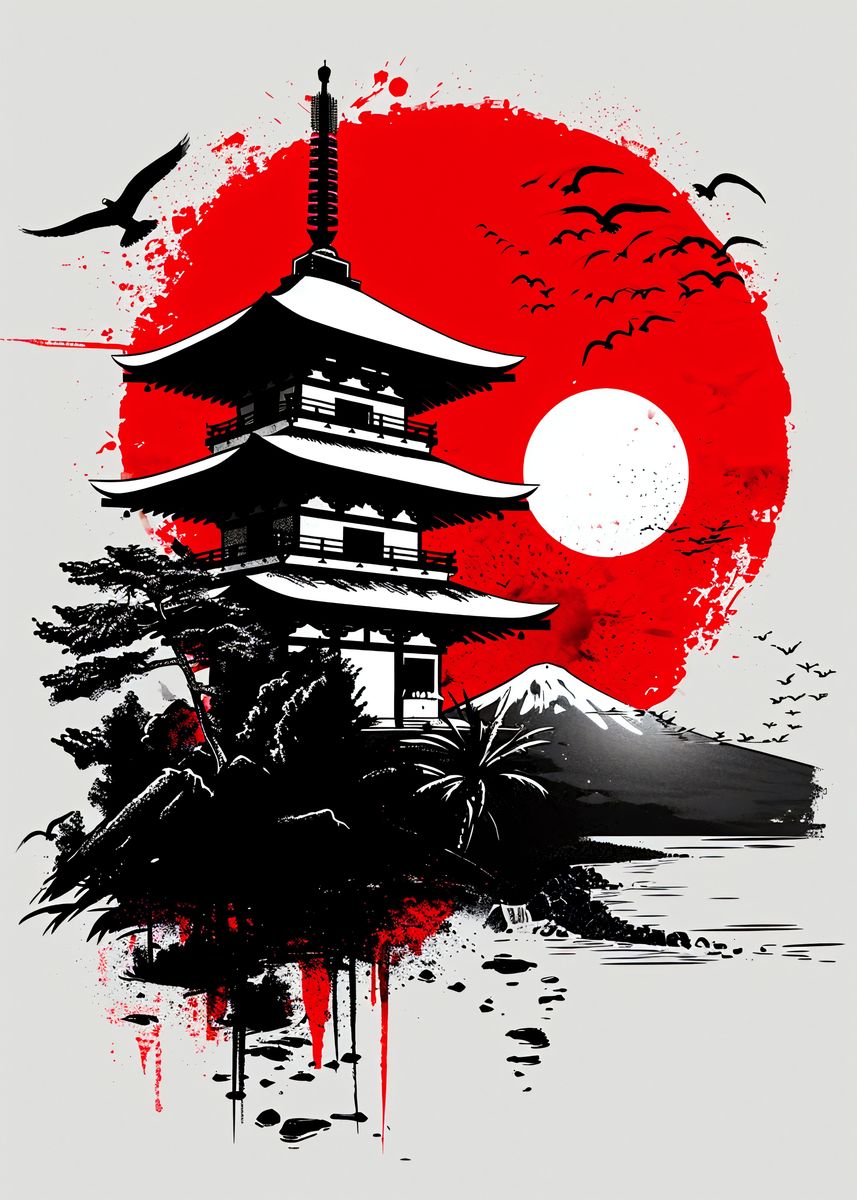 'Red Kyoto' Poster, picture, metal print, paint by Pozter | Displate