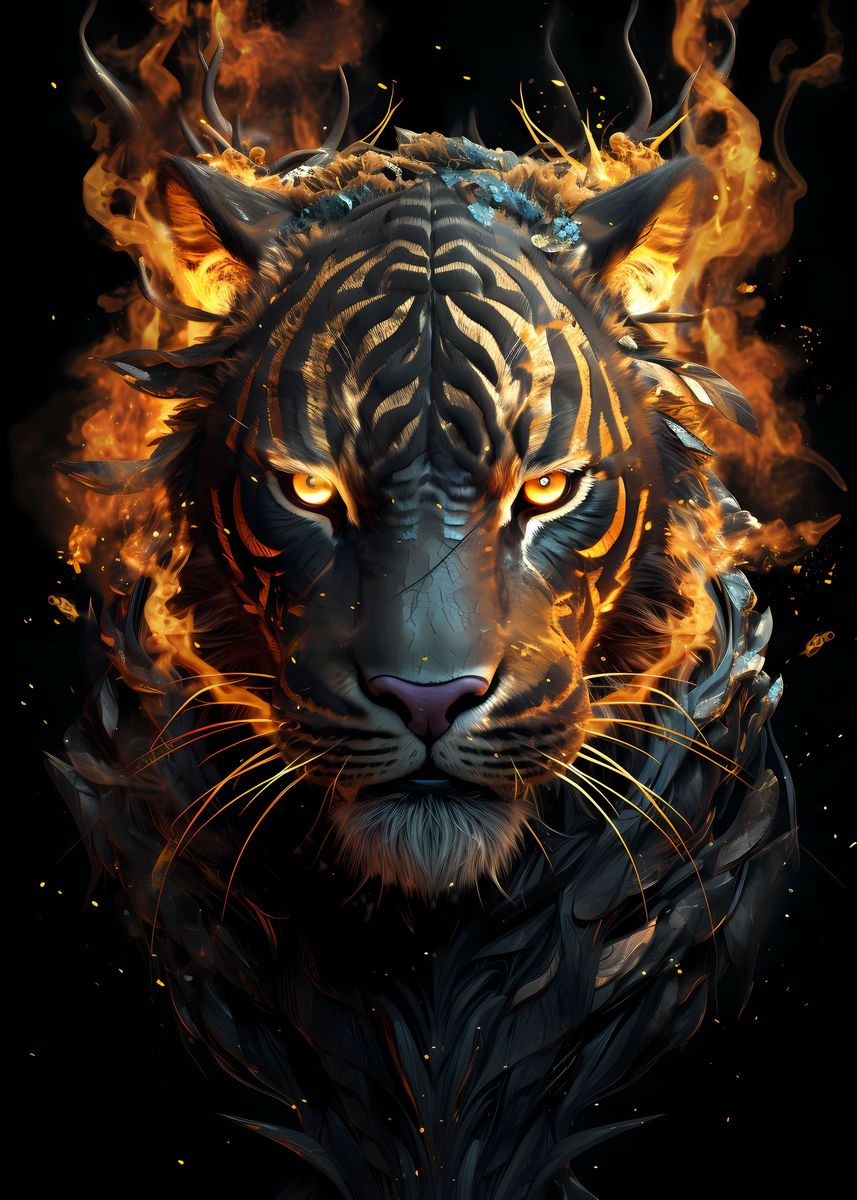 'Wild fire Tiger Head gold' Poster, picture, metal print, paint by ...