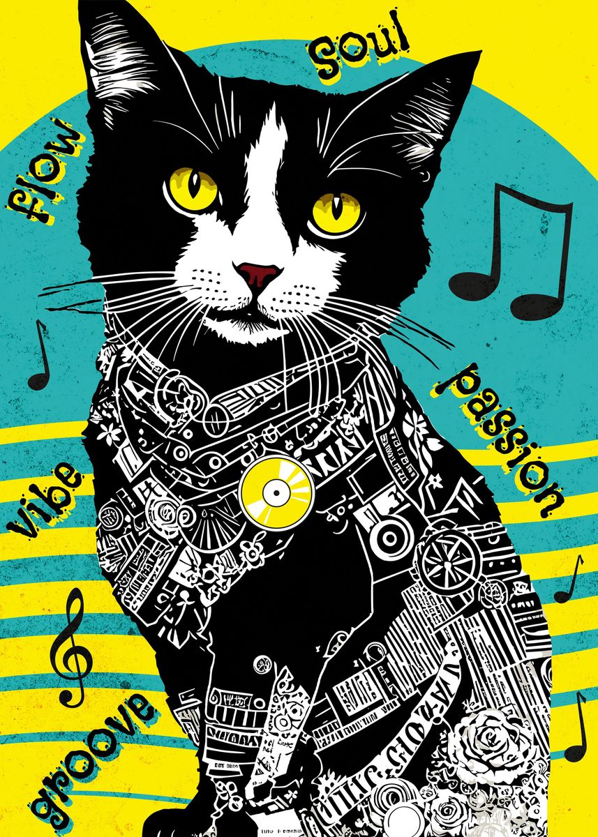 'Motivational Music Cat' Poster, picture, metal print, paint by Jovana ...
