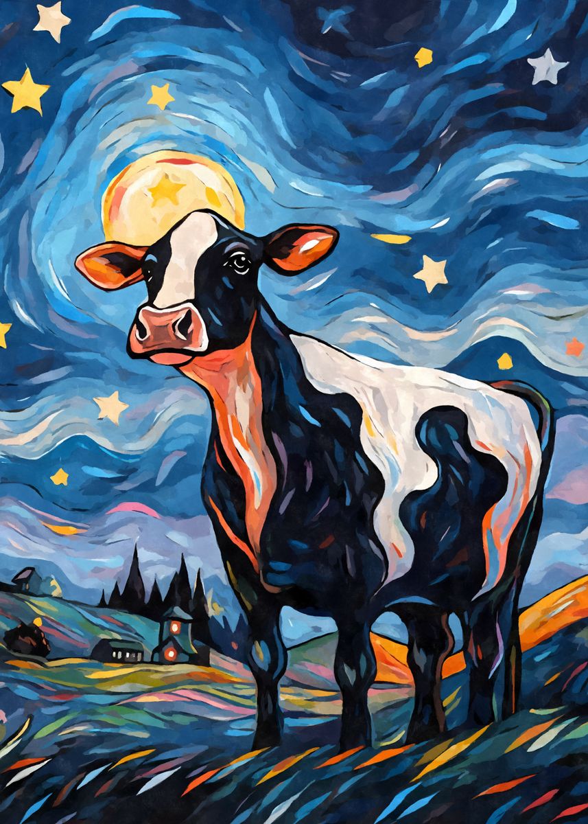 'Cow Starry Night' Poster, picture, metal print, paint by Masaki | Displate