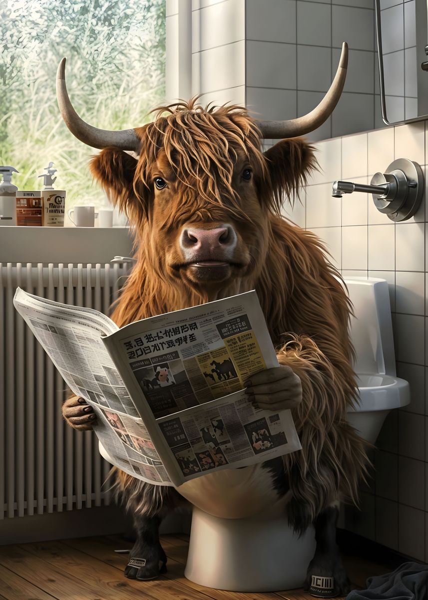 'highland cow on the toilet' Poster, picture, metal print, paint by ...