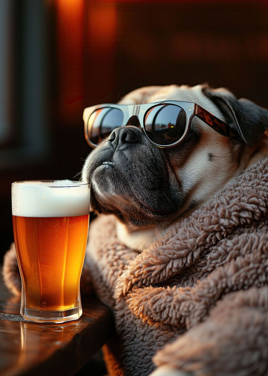 'Chill Pug Beer Dog' Poster, picture, metal print, paint by Jensen Art ...
