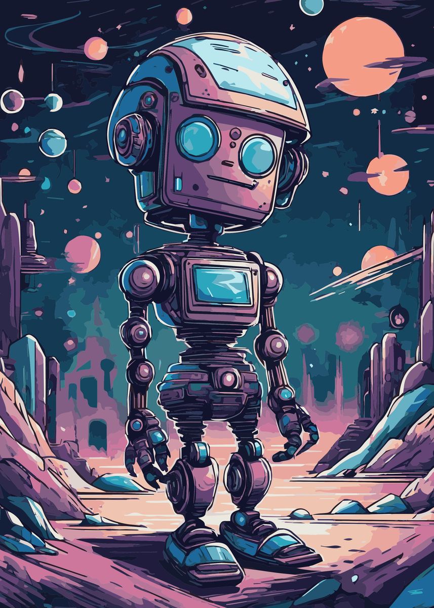 'Cute Robot Fantasy Space 3' Poster, picture, metal print, paint by ...