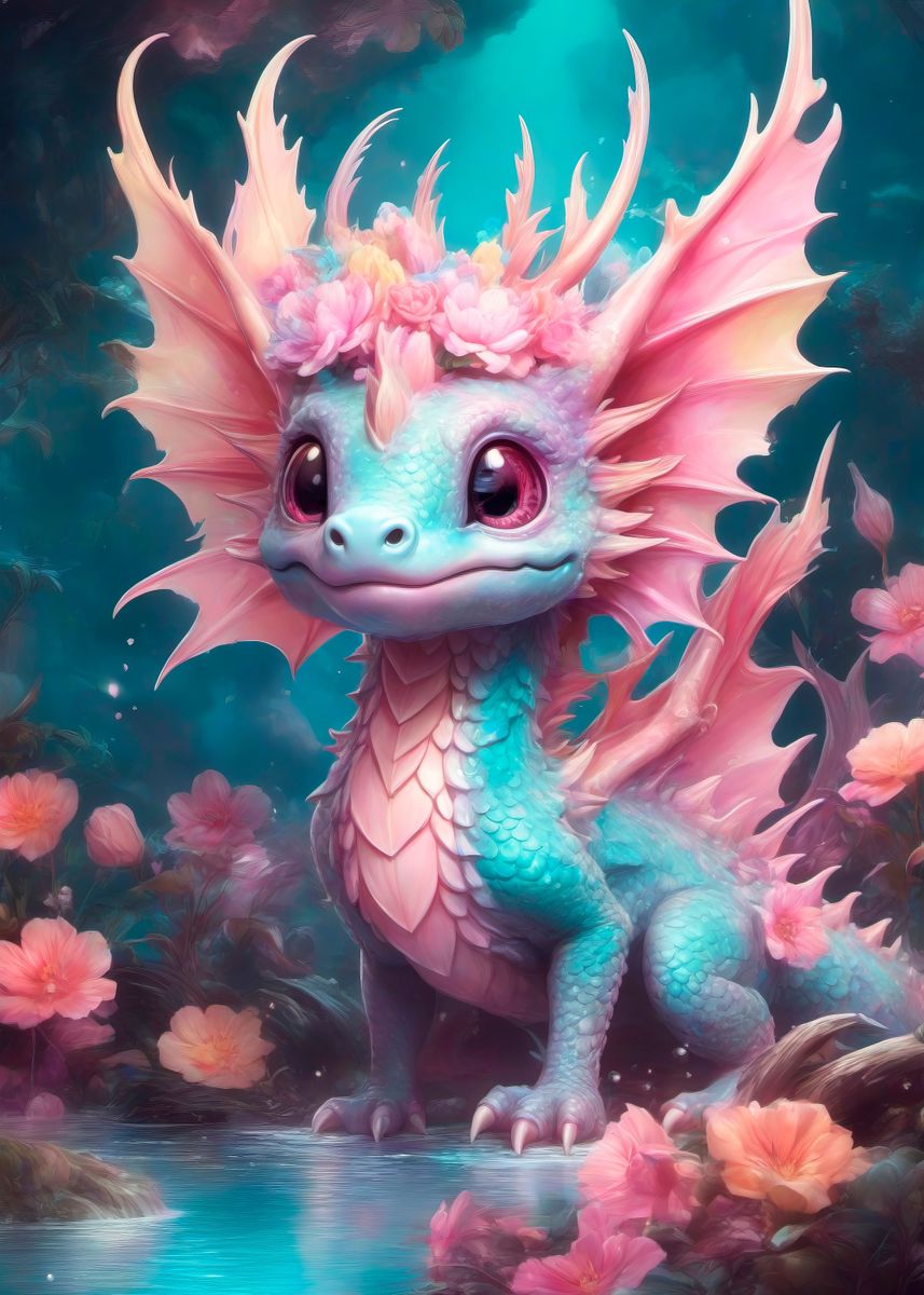 'dreamy flower dragon cute' Poster, picture, metal print, paint by mk ...