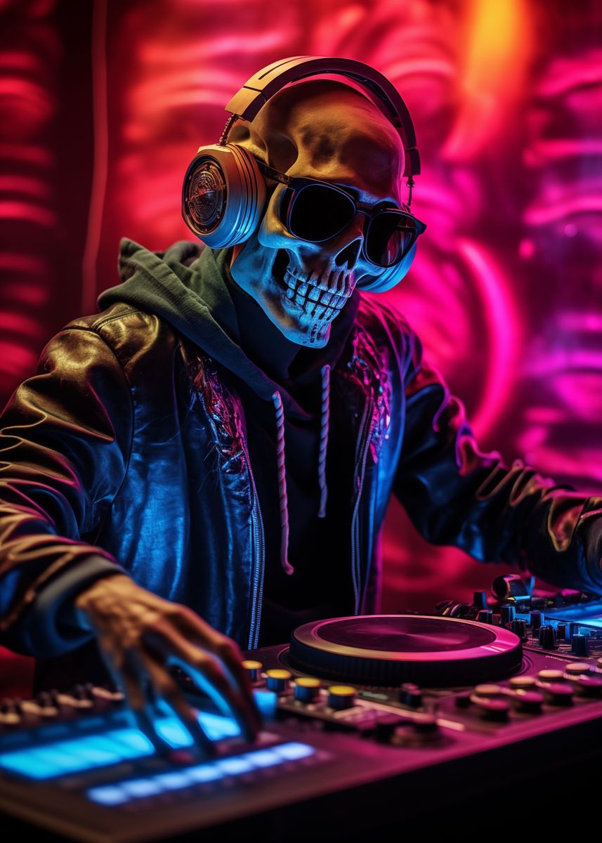 'DJ Skeleton at a party' Poster, picture, metal print, paint by mnix ...