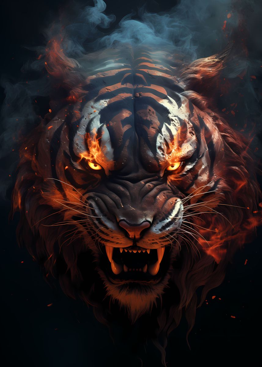 'Wild Fire Tiger Head Cat' Poster, picture, metal print, paint by ...