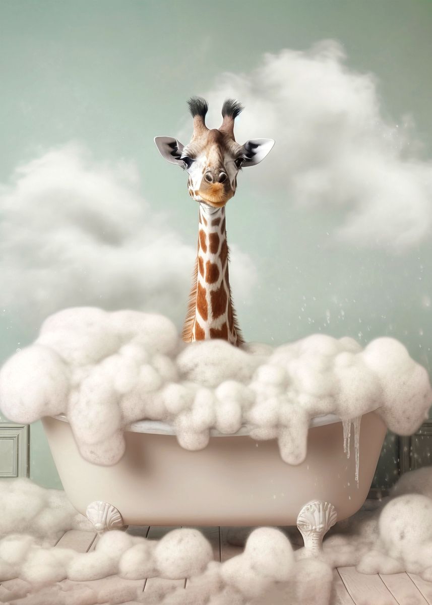 'Giraffe taking a bath' Poster, picture, metal print, paint by Lestat ...