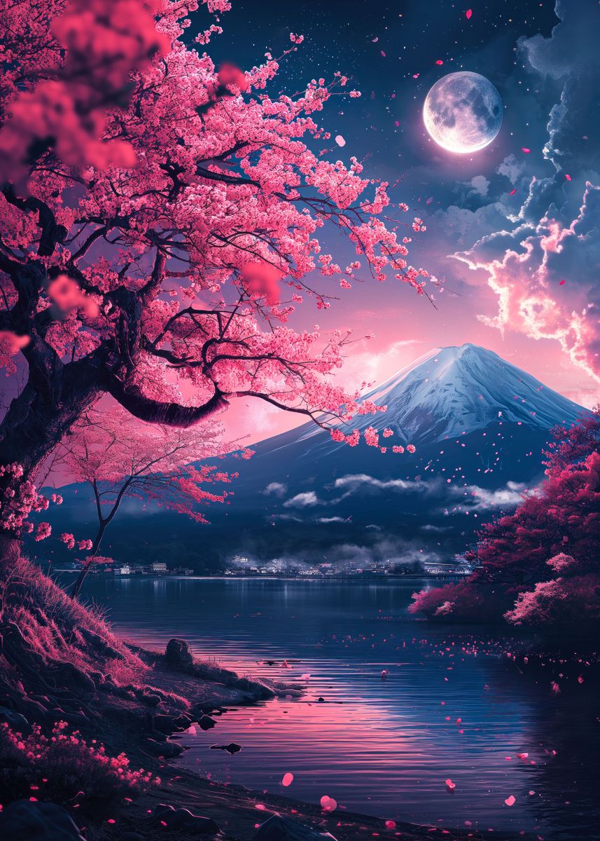 'japan mount fuji at night' Poster, picture, metal print, paint by Adel ...