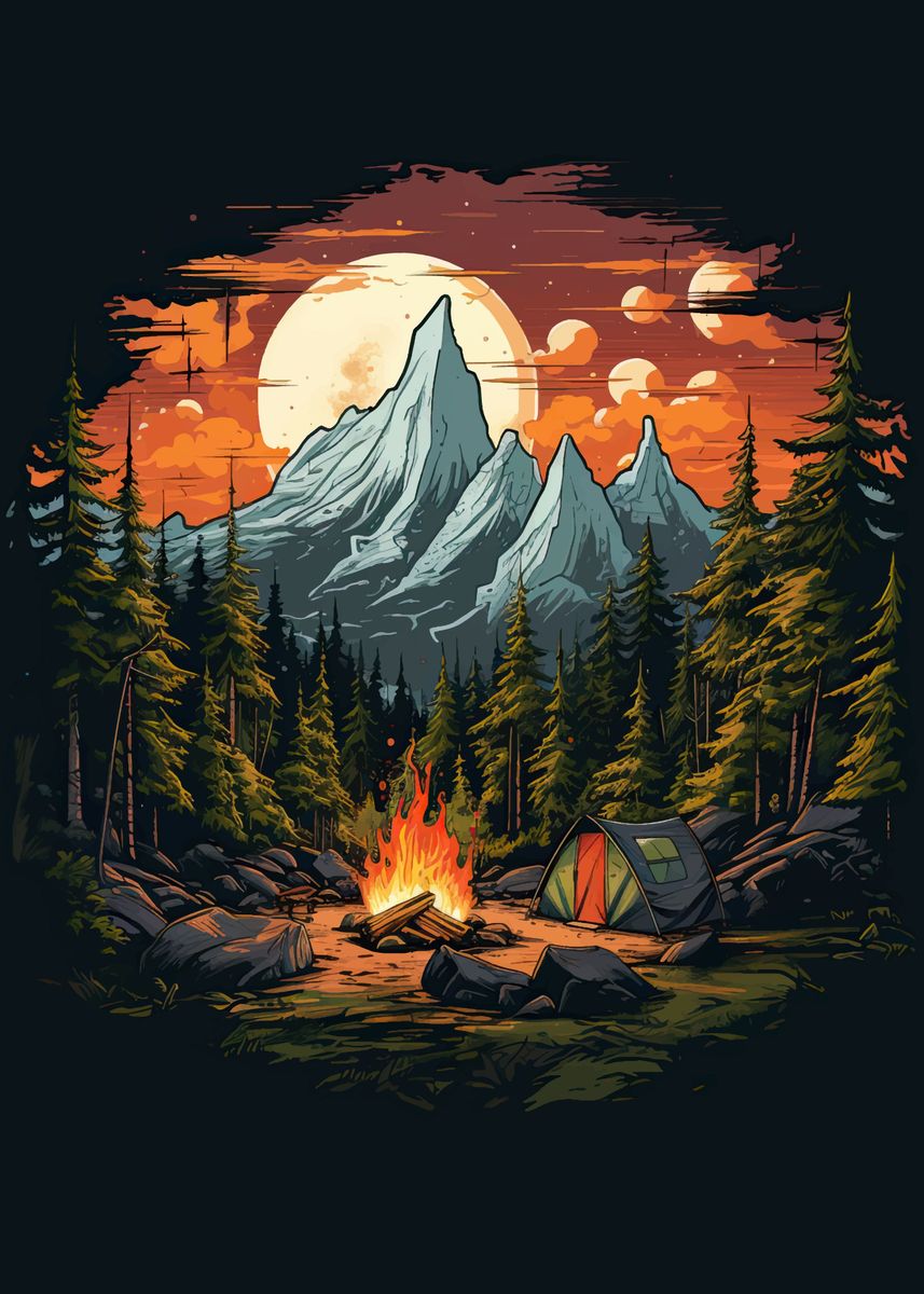'the mountain campfire ' Poster, picture, metal print, paint by Mariano Mayert | Displate