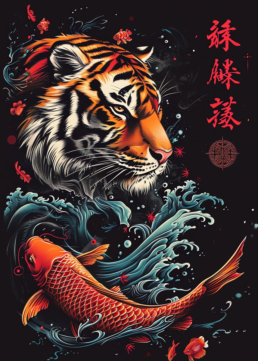 'Tiger Koi Wave' Poster, picture, metal print, paint by Oizy Production | Displate