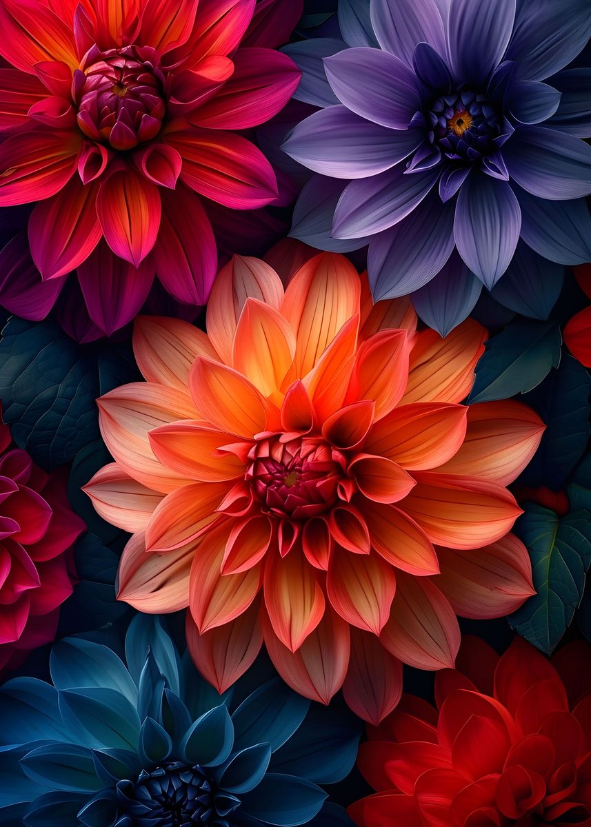 'Multicolor Dahlia Flowers ' Poster, picture, metal print, paint by ...