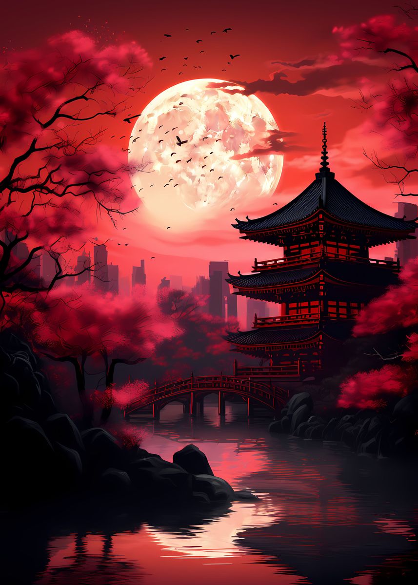 'Blood Moon Japan Asian' Poster, picture, metal print, paint by ...