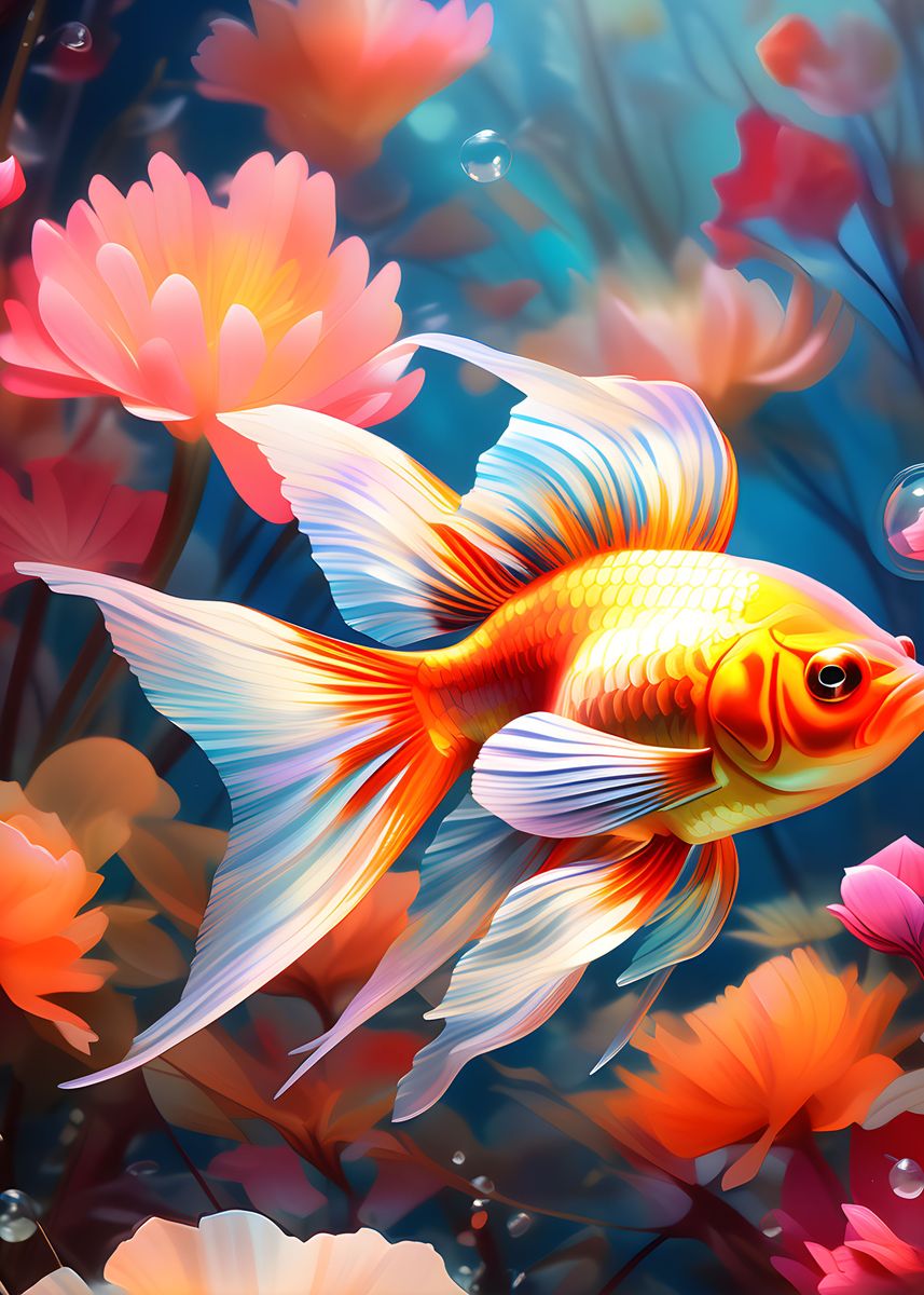 'Floral Goldfish' Poster, picture, metal print, paint by vandervisuals ...