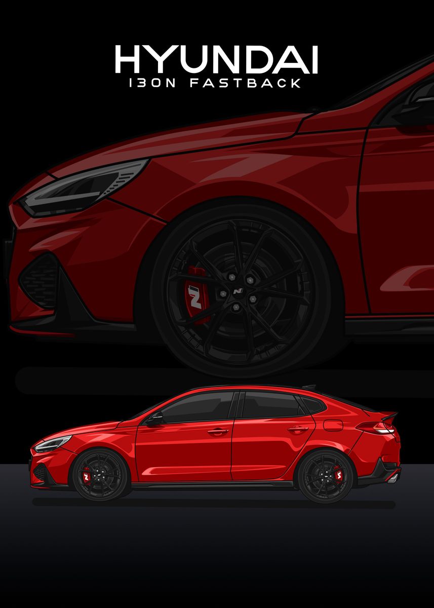 'hyundai i30n fastback red' Poster, picture, metal print, paint by ...