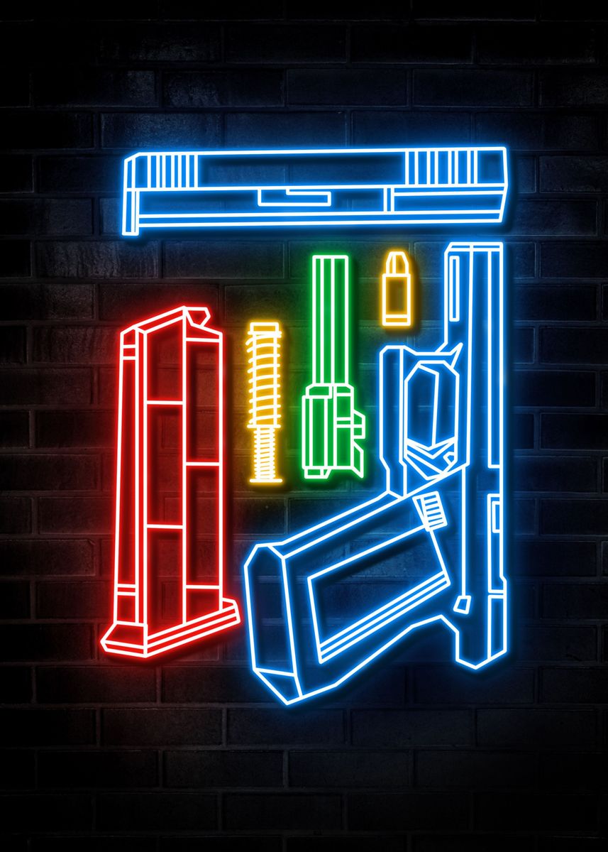 'HANDGUN NEON ART' Poster, picture, metal print, paint by MoveUp | Displate