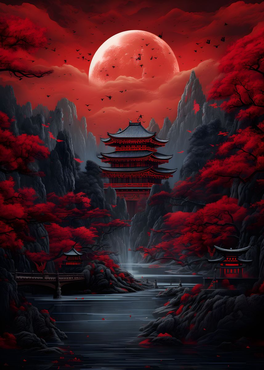 'Red Moon Japan' Poster, picture, metal print, paint by EB Art | Displate