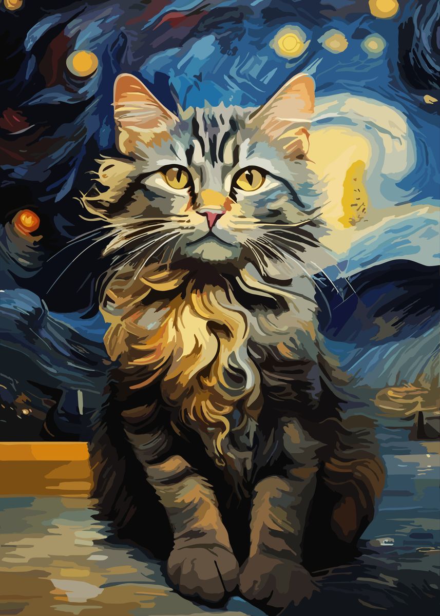 'Cat night Starry Art' Poster, picture, metal print, paint by Blez Time ...