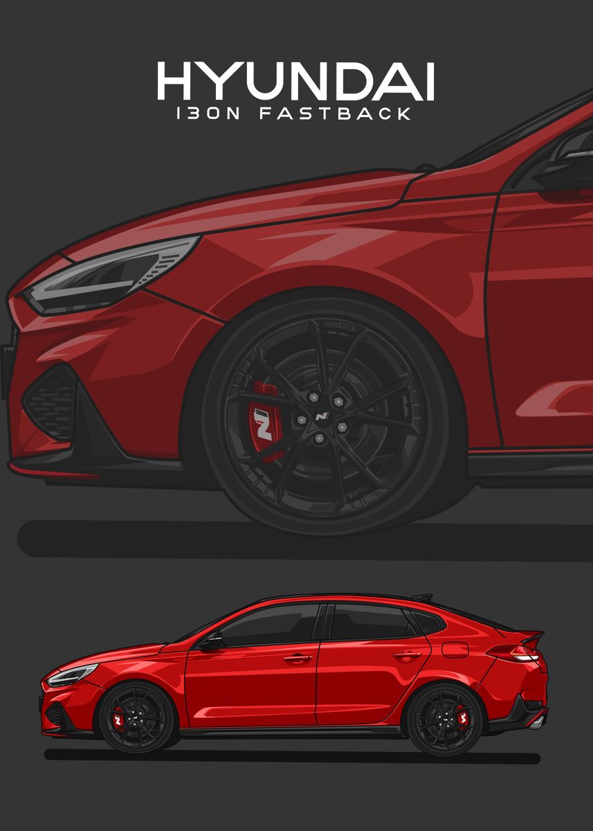 'hyundai i30n fastback red' Poster, picture, metal print, paint by ...