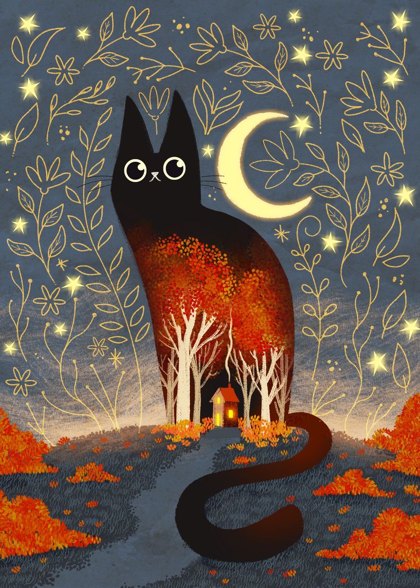 'The night and the cat' Poster, picture, metal print, paint by ...