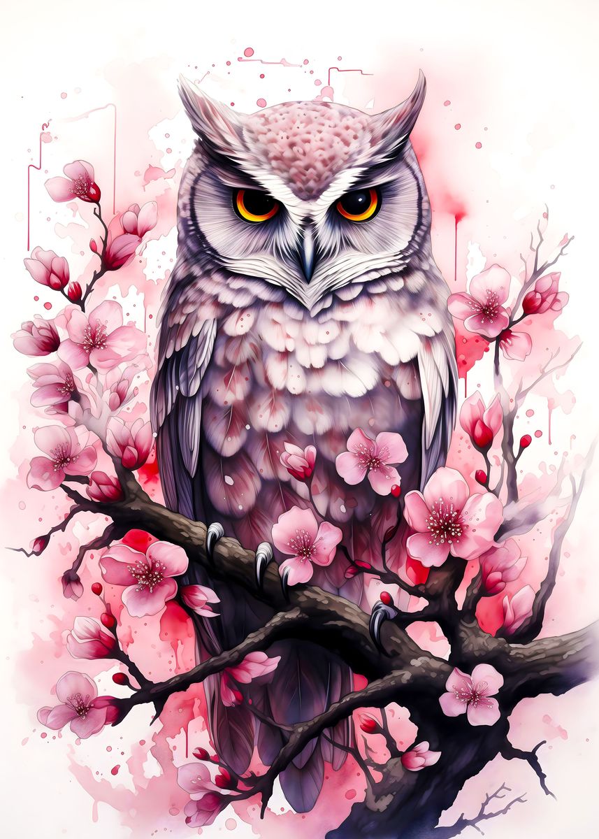 'Cherry Blossom Owl' Poster, picture, metal print, paint by VAGANTE ...