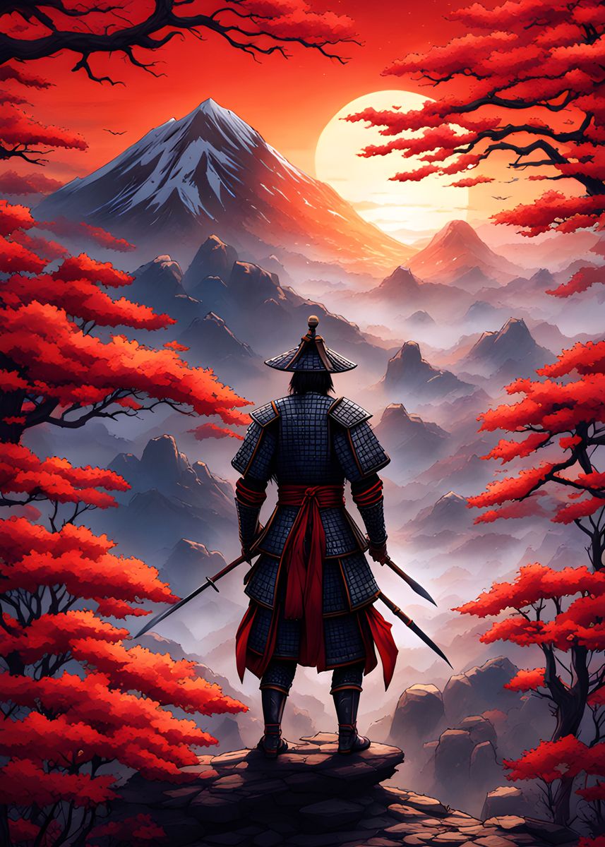 'Samurai watching sunset' Poster, picture, metal print, paint by ...