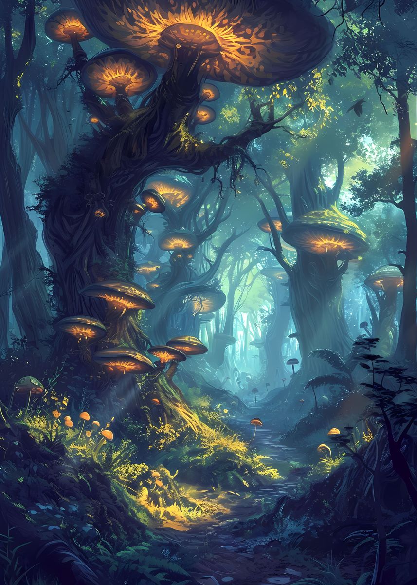 'Morning in Mushroom Forest' Poster, picture, metal print, paint by ...