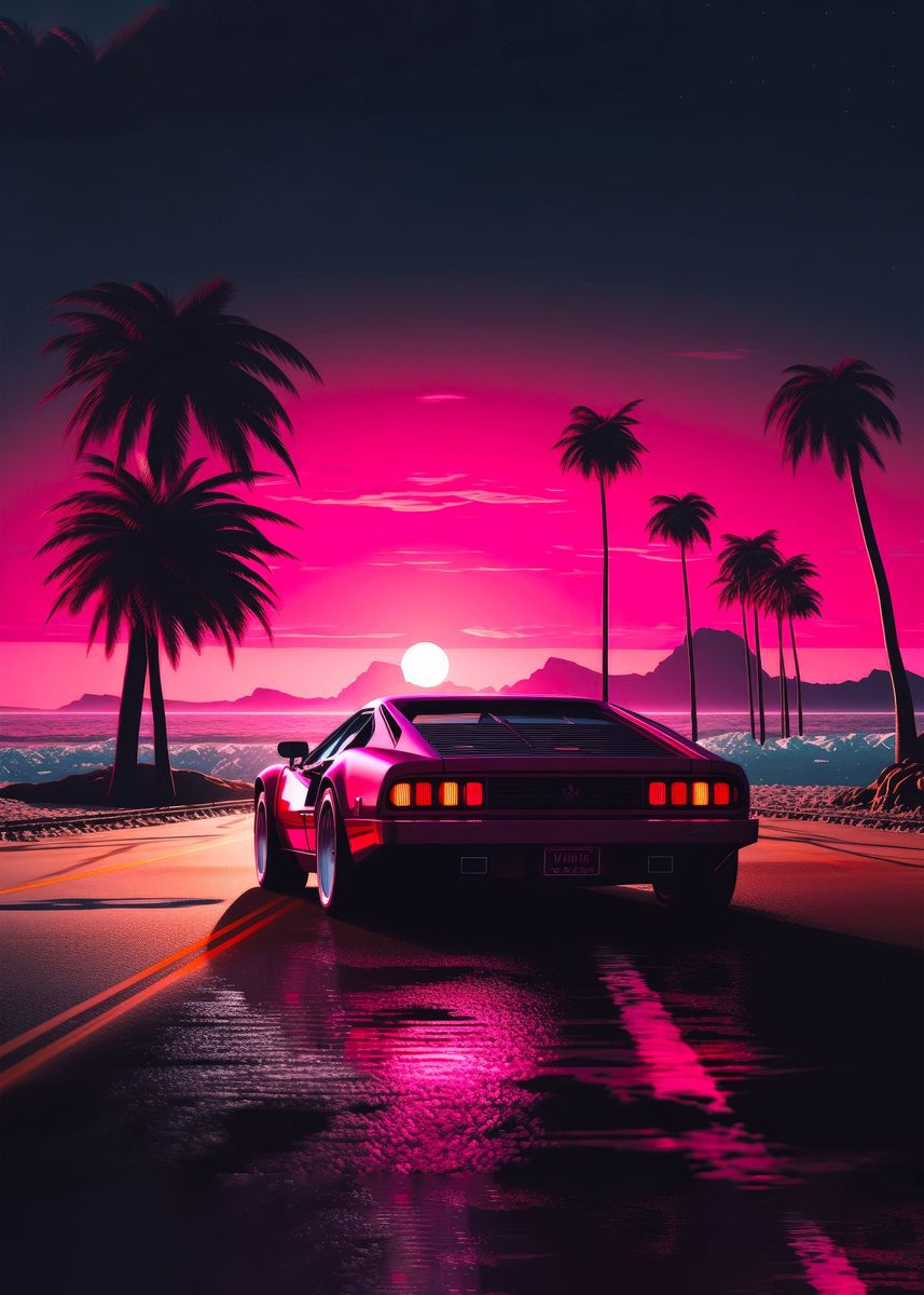 'Car Neon Synthwave' Poster, picture, metal print, paint by Misbahul ...
