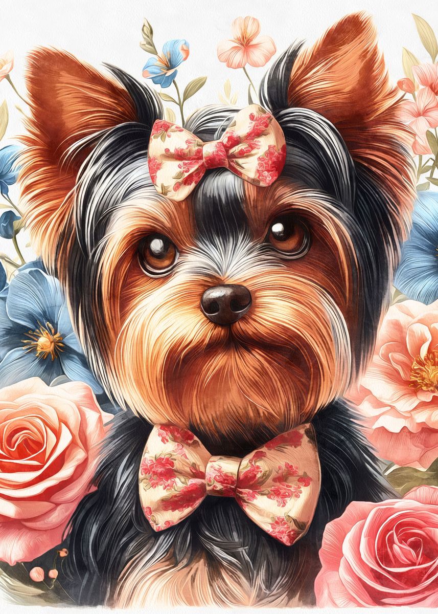 'Yorkie in flowers' Poster, picture, metal print, paint by AnnArtshock ...