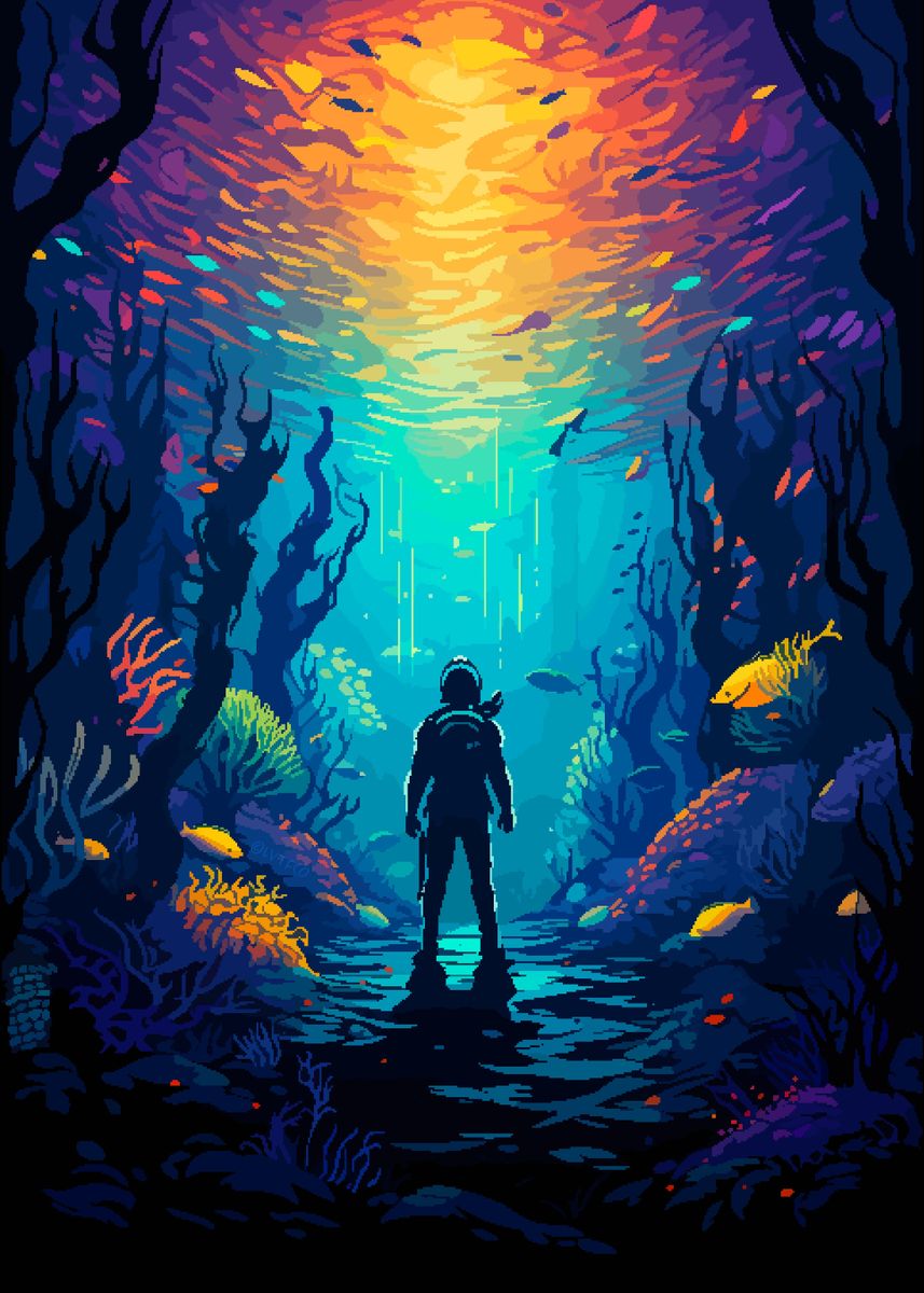'Tropical Diver Pixel Art' Poster, picture, metal print, paint by ...