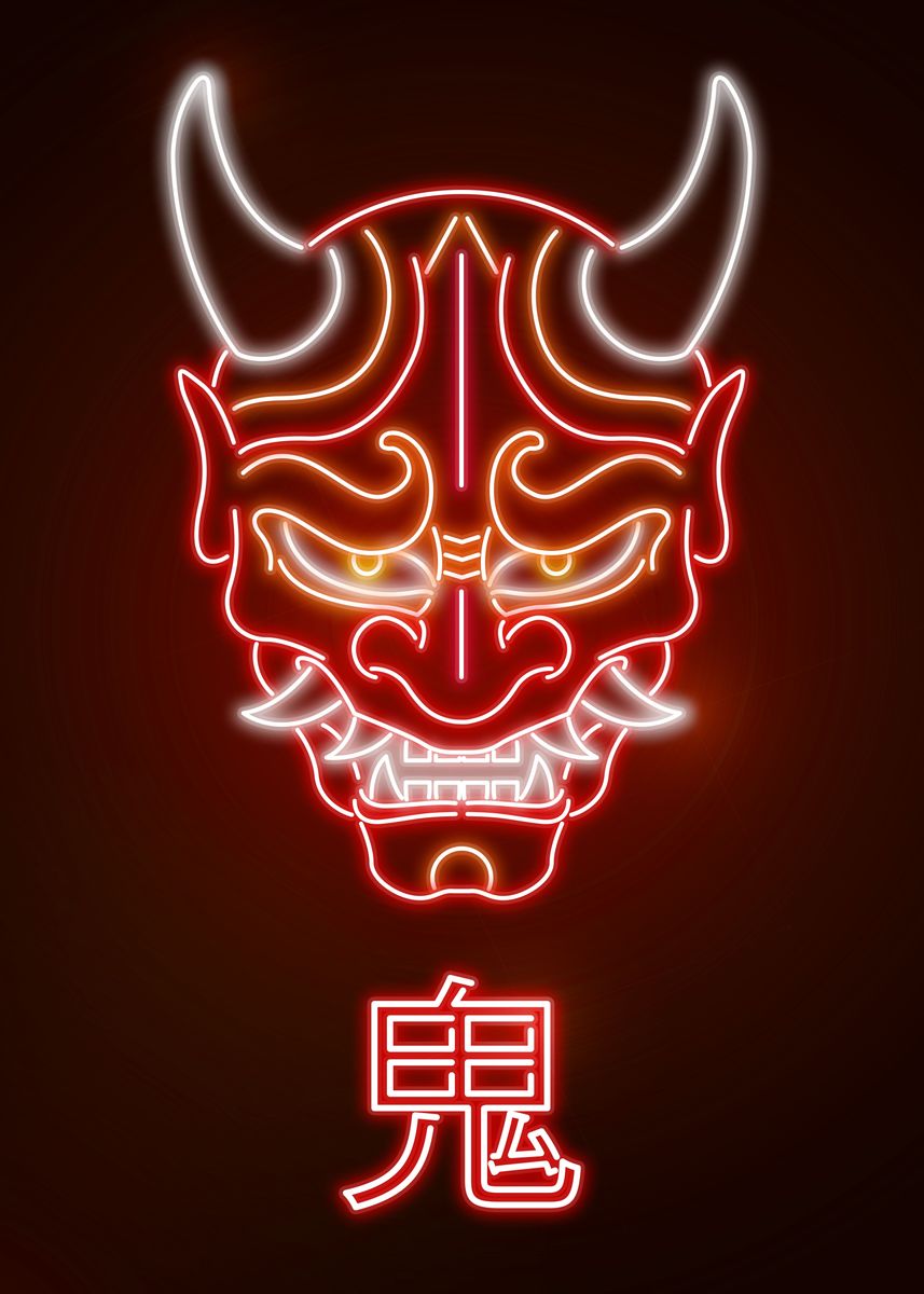 'Neon Oni Red Mask' Poster, picture, metal print, paint by Donnie | Displate